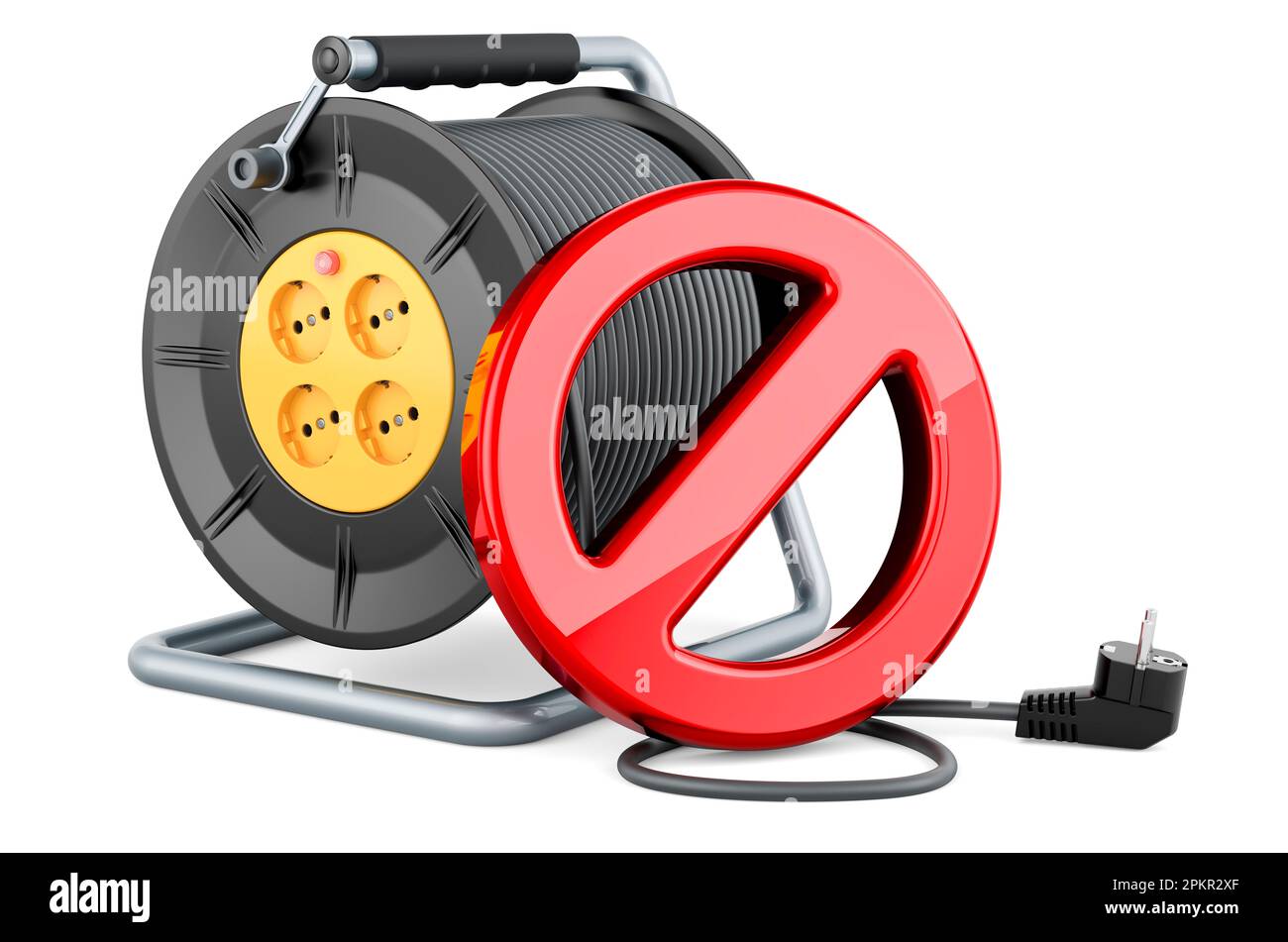 Industrial cable reel with forbidden symbol, 3D rendering isolated on ...