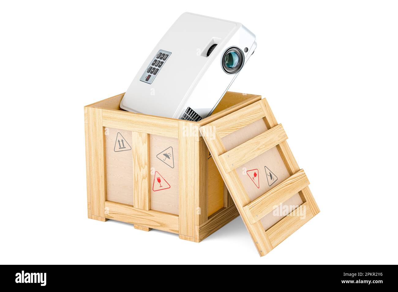 Projector inside wooden box, delivery concept. 3D rendering isolated on ...