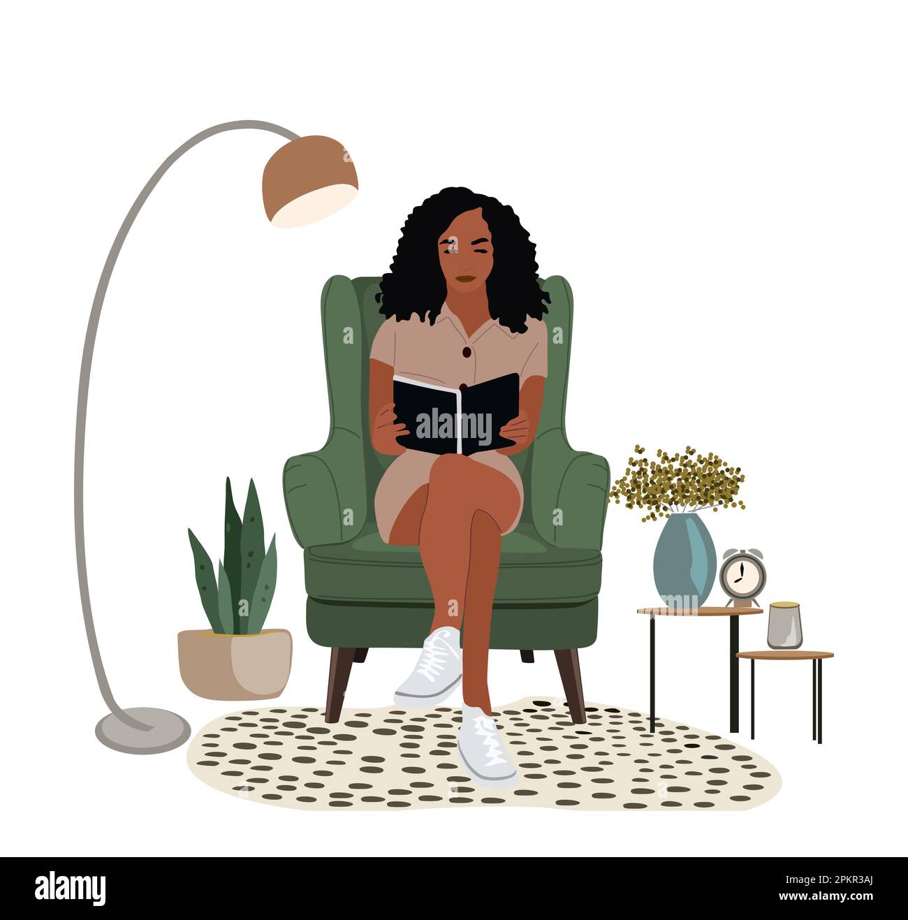 Girl reading book, sitting in arm chair vector Stock Vector Image & Art ...