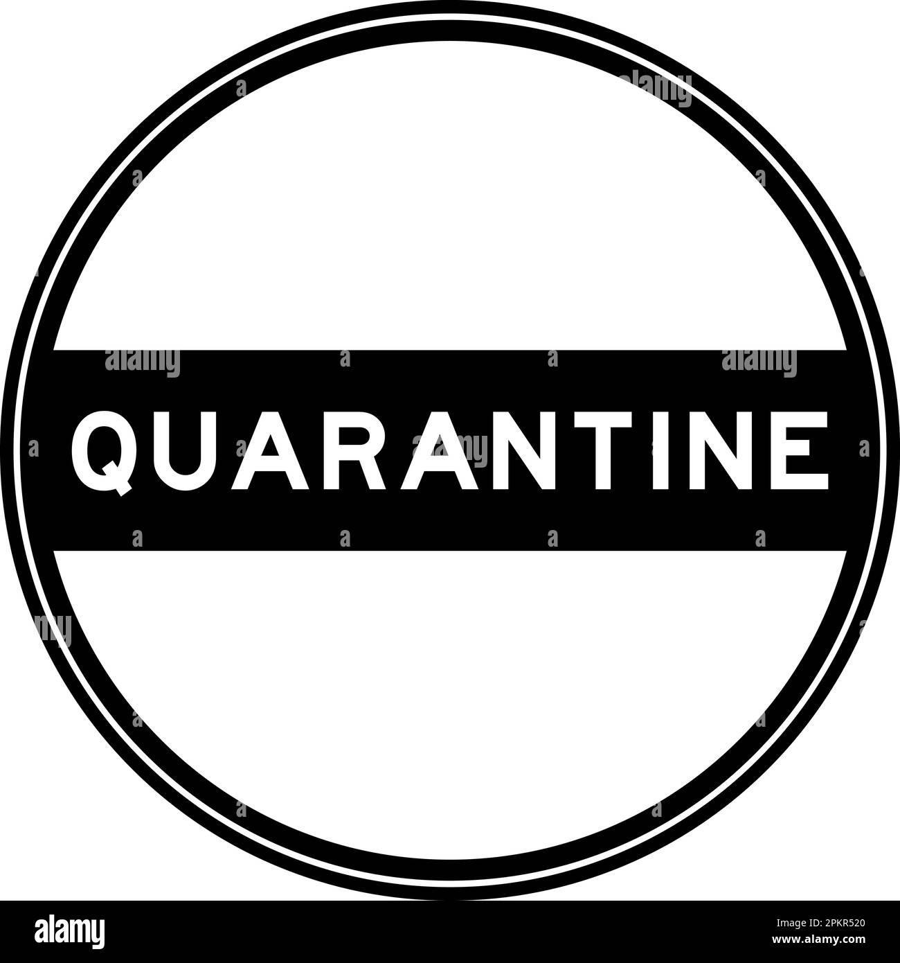 Black color round seal sticker in word quarantine on white background ...