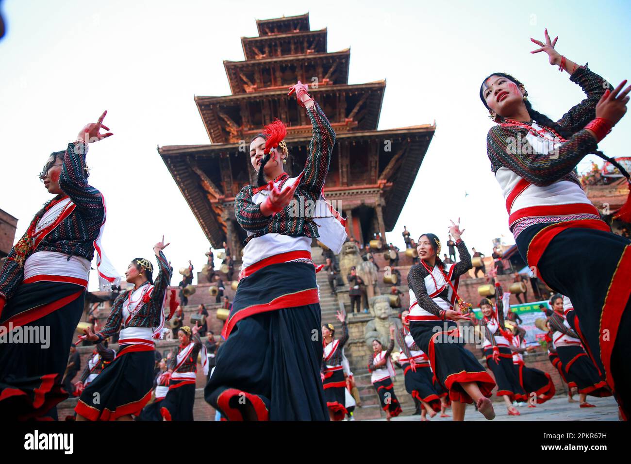 Nepal. 9th Apr, 2023. People from newar community perfom live dhime baja and newari cultural ...