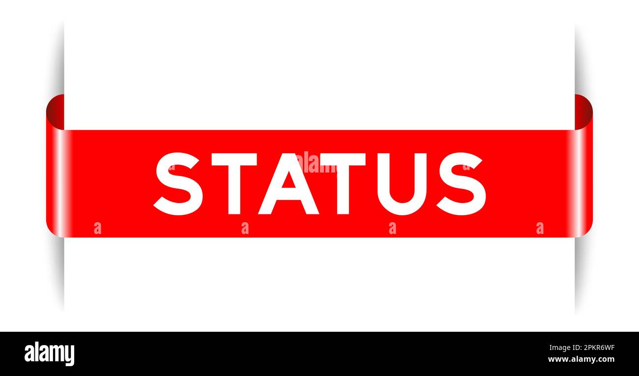 Red color inserted label banner with word status on white background ...