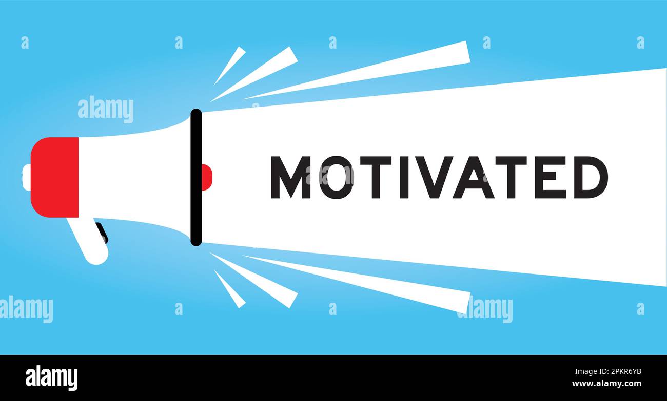 Color megaphone icon with word motivated in white banner on blue ...