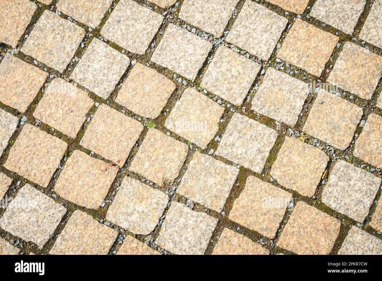 A road paved with stones, a green grass between stones on the sidewalk ...