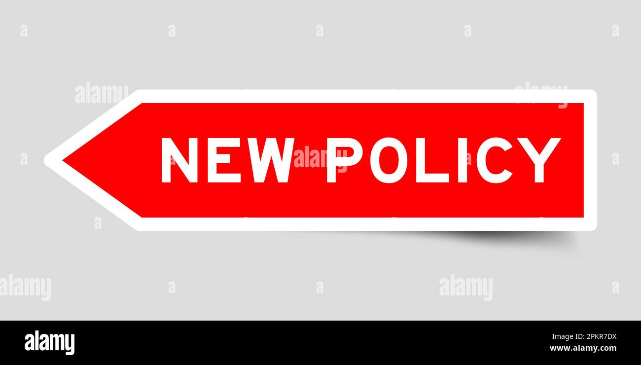 Red color arrow shape sticker label with word new policy on gray ...
