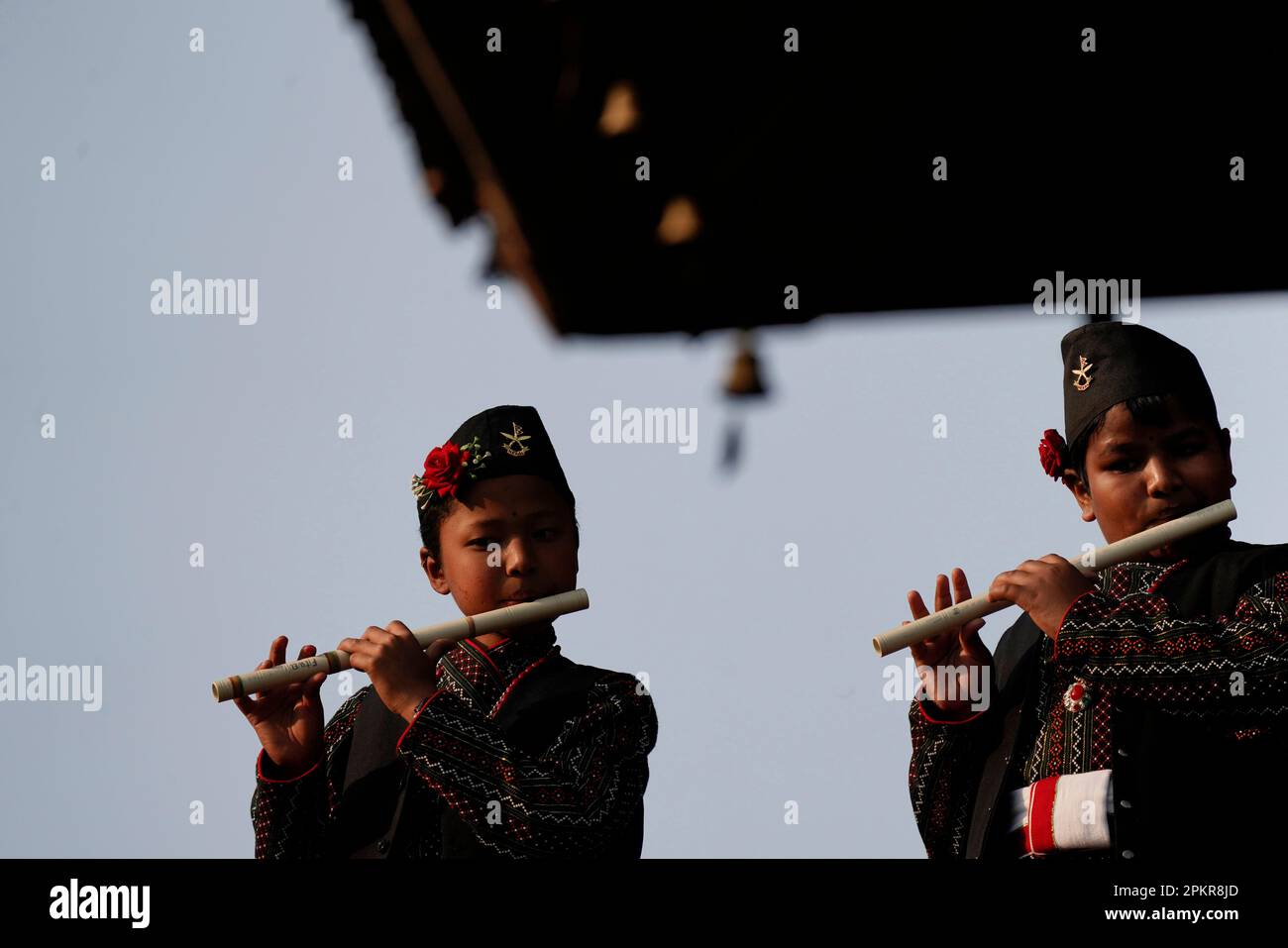 April 9, 2023, Bhaktapur, Nepal: Nepalese boys dressed in cultural ...