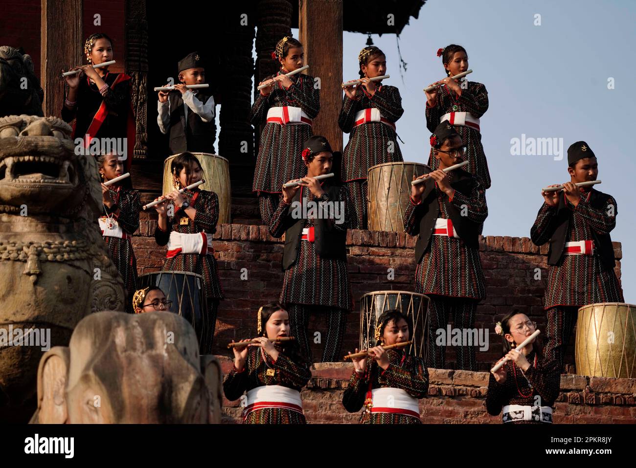 April 9, 2023, Bhaktapur, Nepal: Nepalese men and women dressed in ...