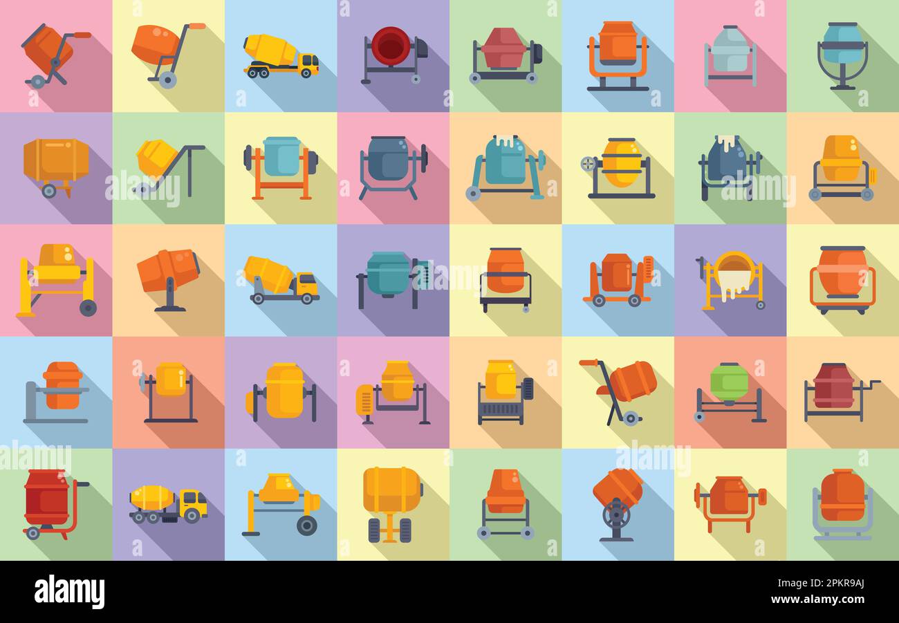 Concrete mixer icons set flat vector. Truck cement. Auto blender Stock ...