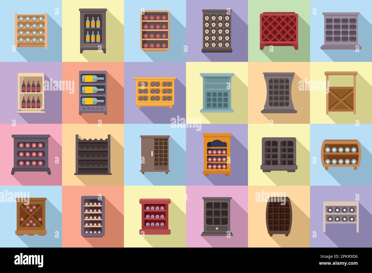 Wine cabinet icons set flat vector. Shelf alcohol. Cafe beverage Stock ...
