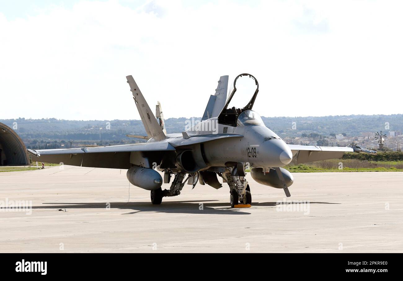 F18 fighter plane of the Spanish army at the Son Sant Joan air base in ...