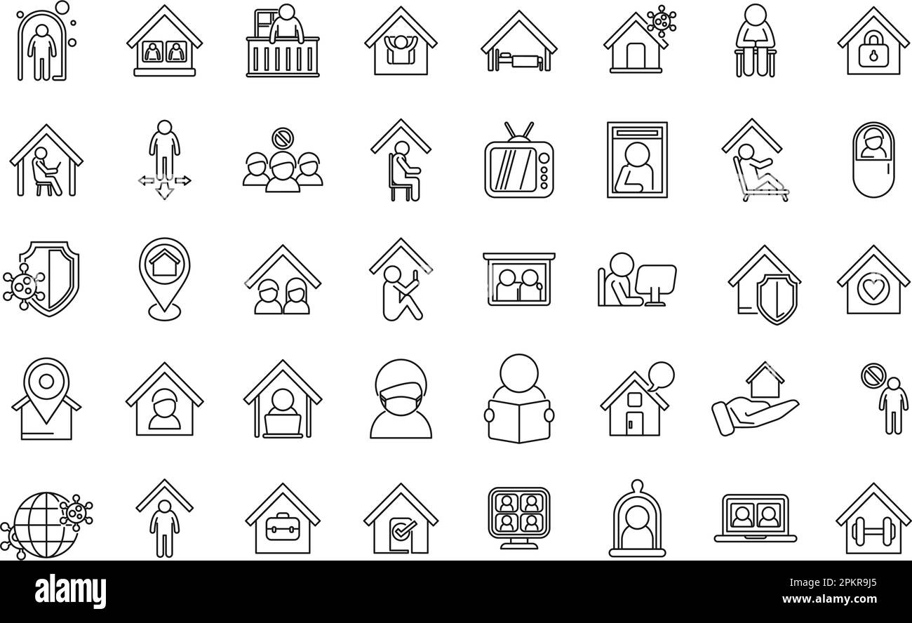 Self isolation icons set outline vector. Home work. Safe stay Stock ...
