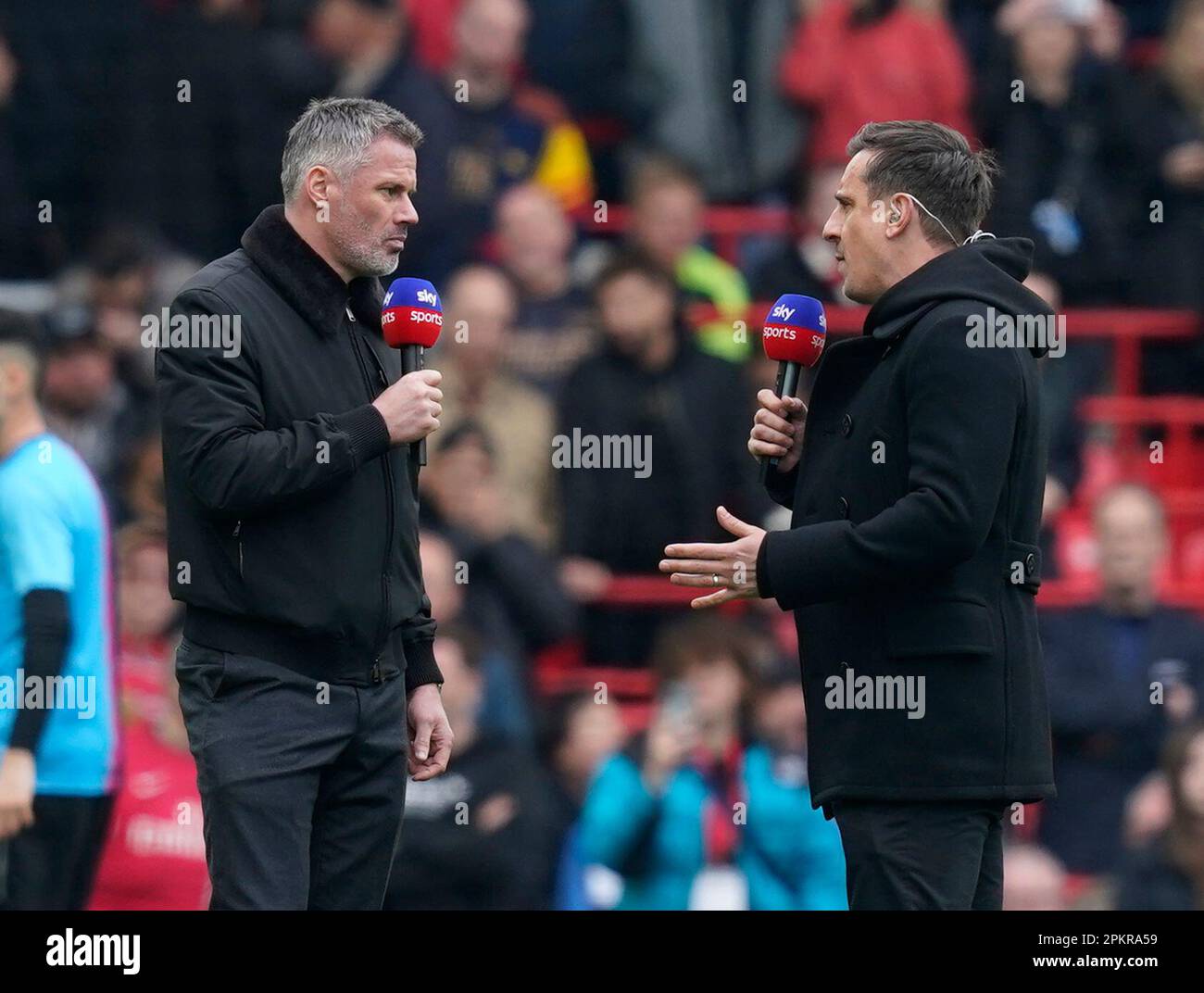 Liverpool, UK. 9th Apr, 2023. Former players and rivals Jamie Carragher ...