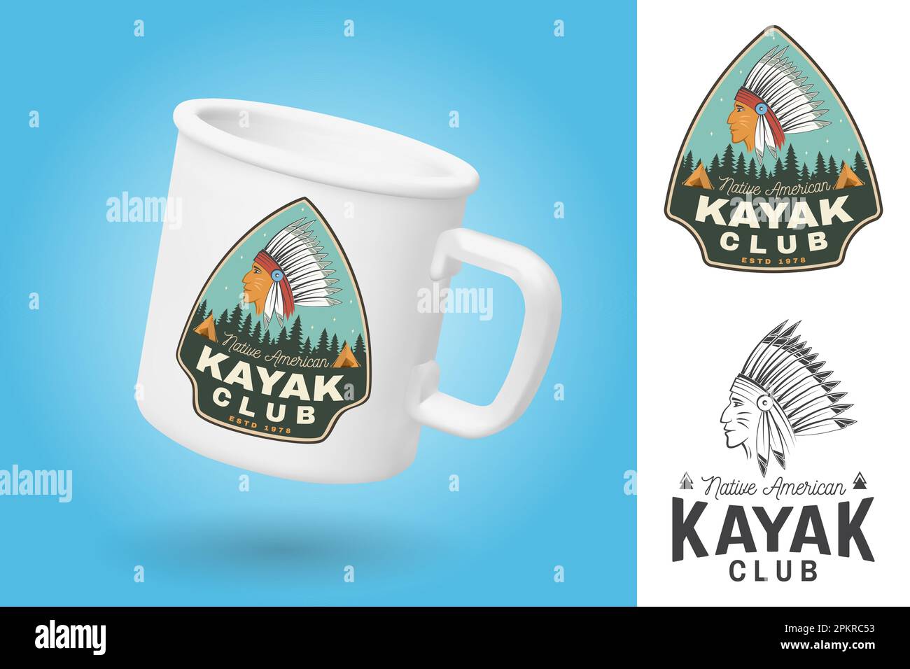 White camping cup. Realistic mug mockup template with sample design ...