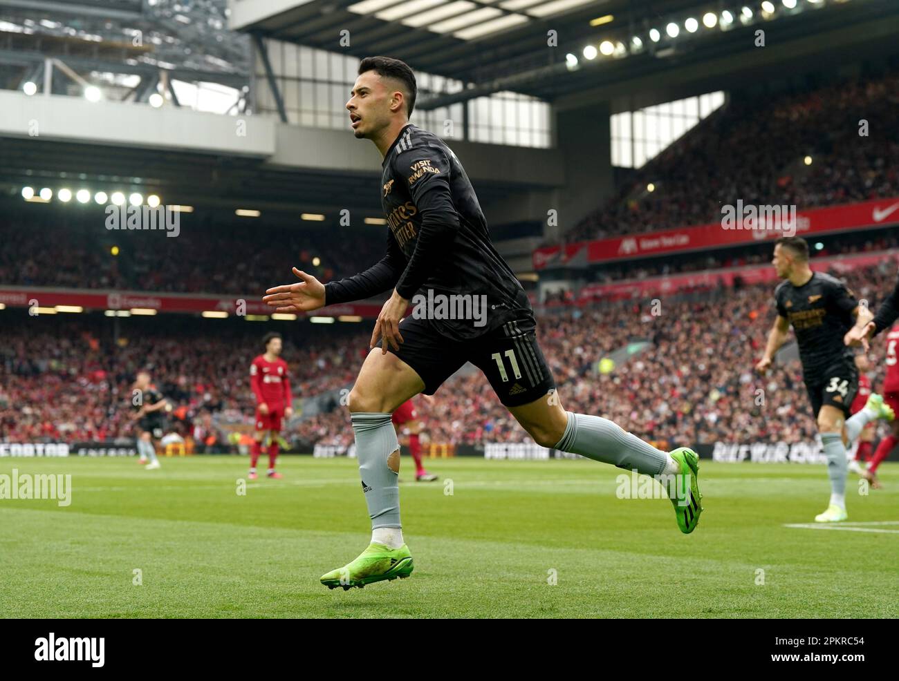 Arsenal's Gabriel Martinelli celebrates scoring their side's first goal ...