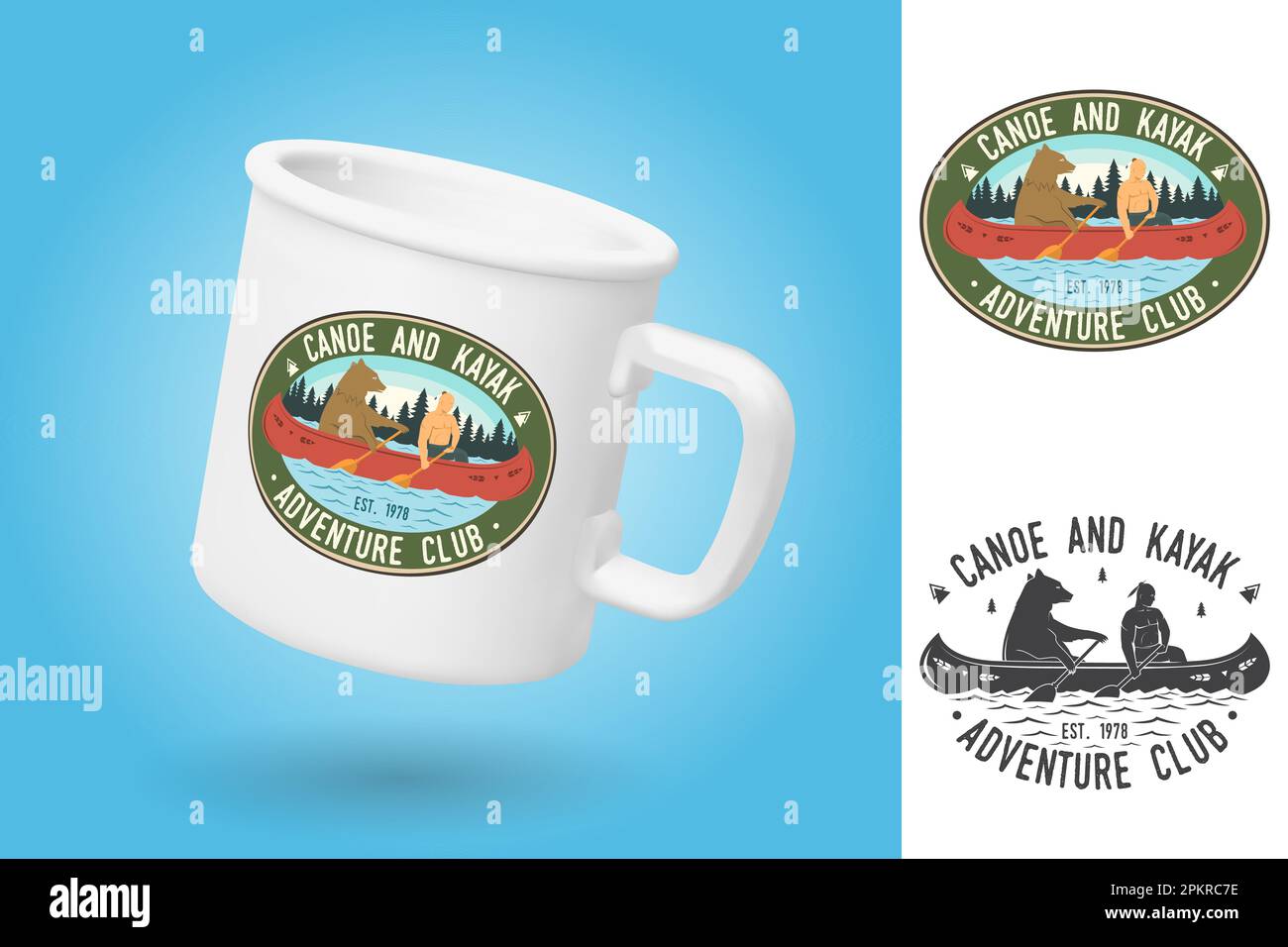 White camping cup. Realistic mug mockup template with sample design ...