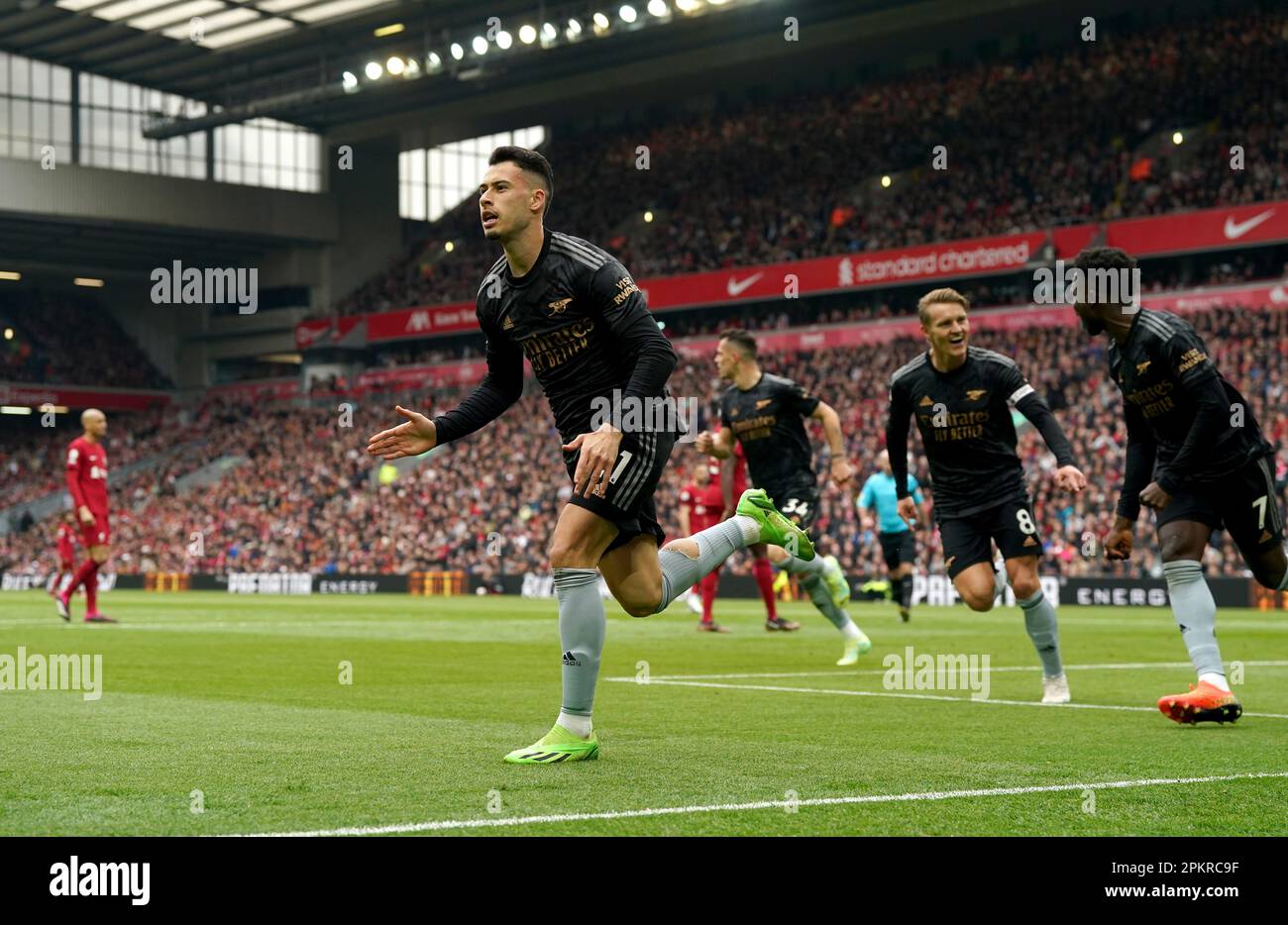 Arsenal's Gabriel Martinelli celebrates scoring their side's first goal ...