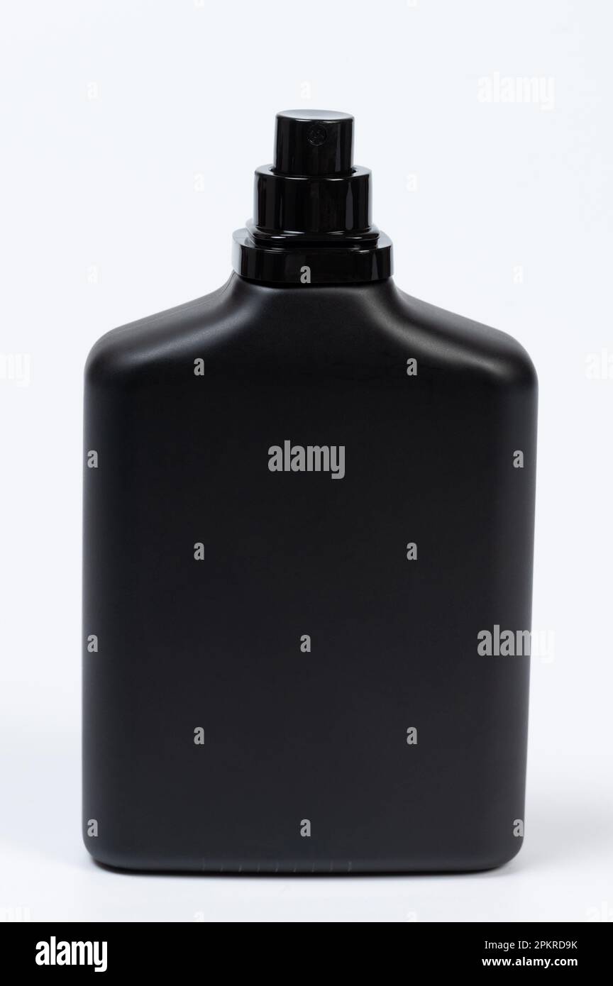 Open perfume black bottle front view isolated on white studio ...