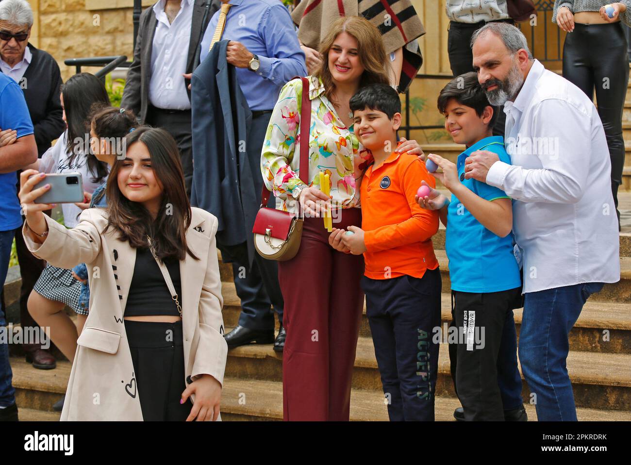 Beirut, Lebanon. 9th Apr, 2023. Children pose for photos with Easter ...