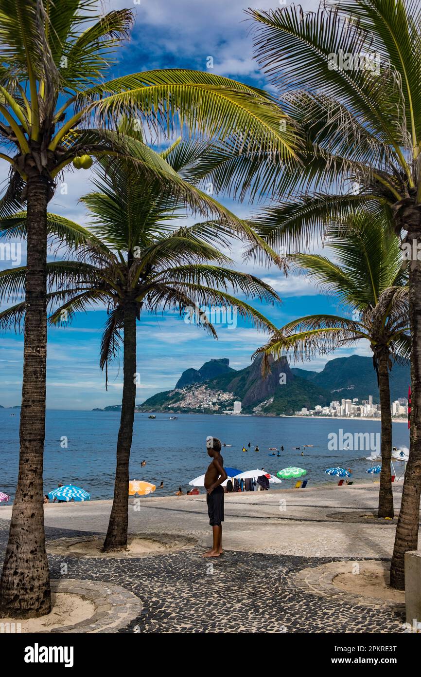 African Brazilian boy under palm trees at Arpoador beach - Favela do ...