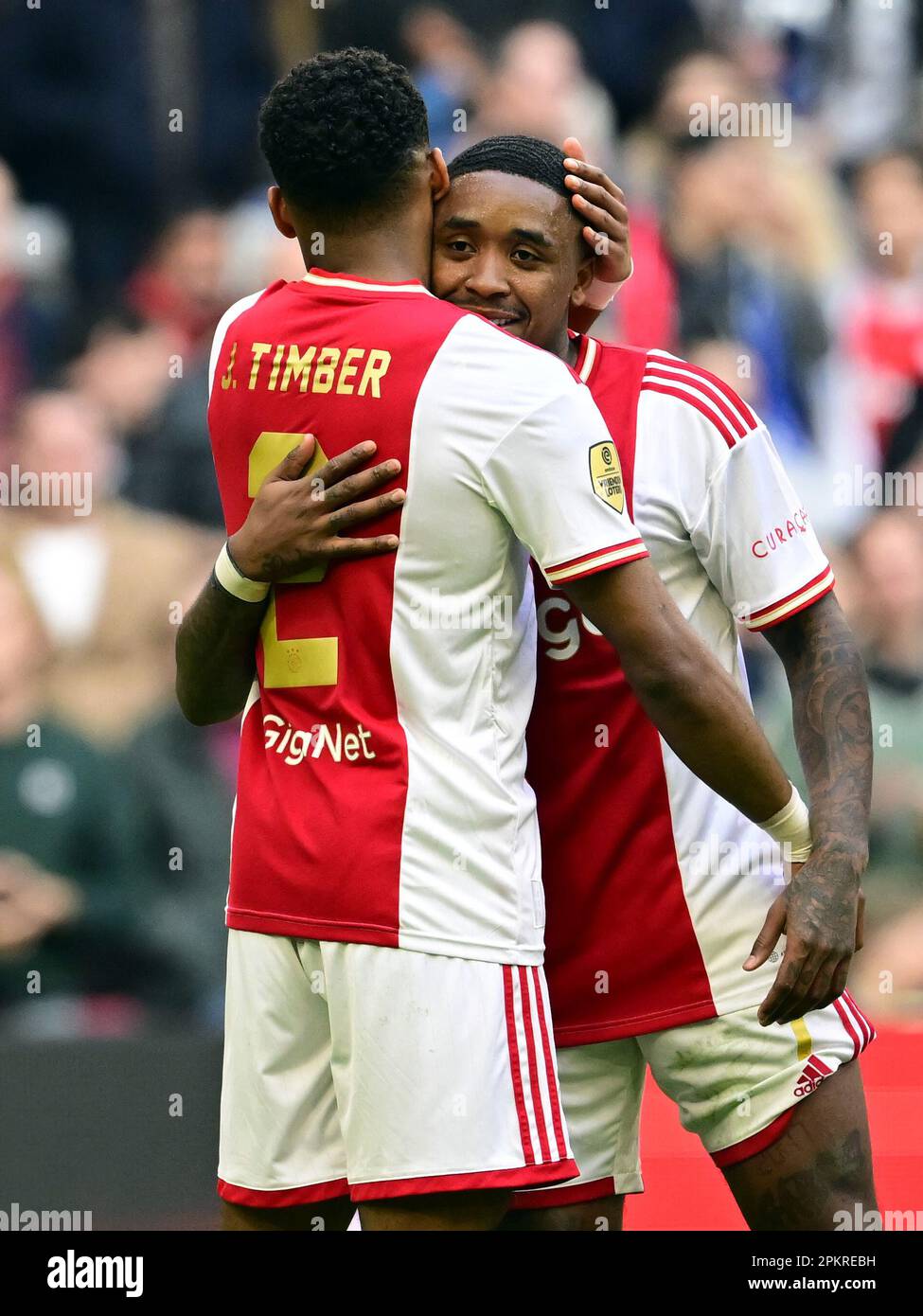 AMSTERDAM - (lr) Jurrien Timber of Ajax, Steven Bergwijn of Ajax celebrate the 3-0 during the ...