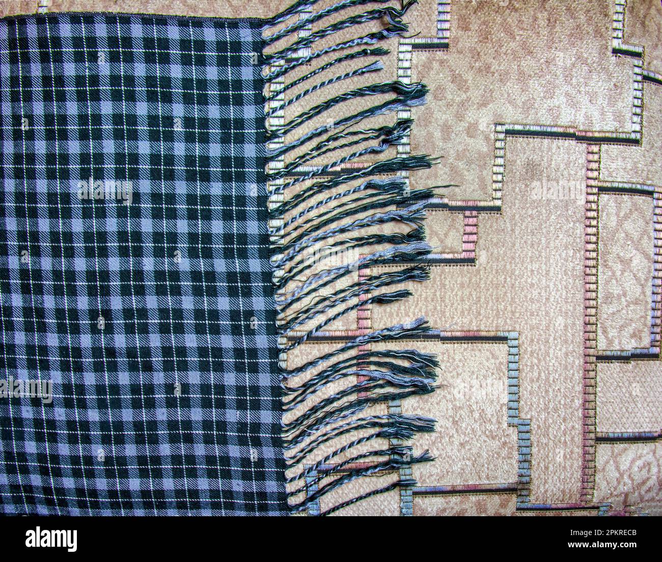 Texture of checkered white, blue wool. Fringed hem. Checkered blue and ...