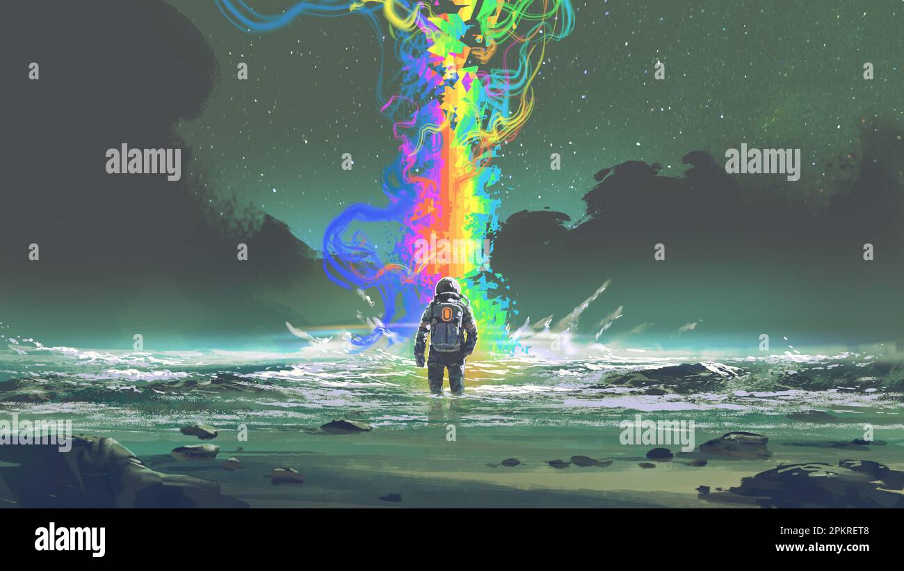 The man looking at a strange rainbow light rise in front of him ...