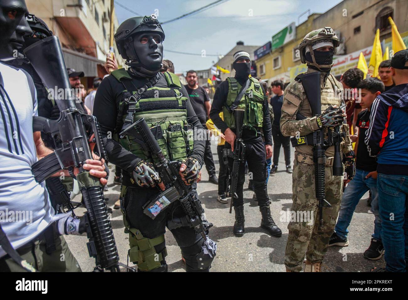 Qalqilya, Palestine. 09th Apr, 2023. Masked gunmen take part during the ...