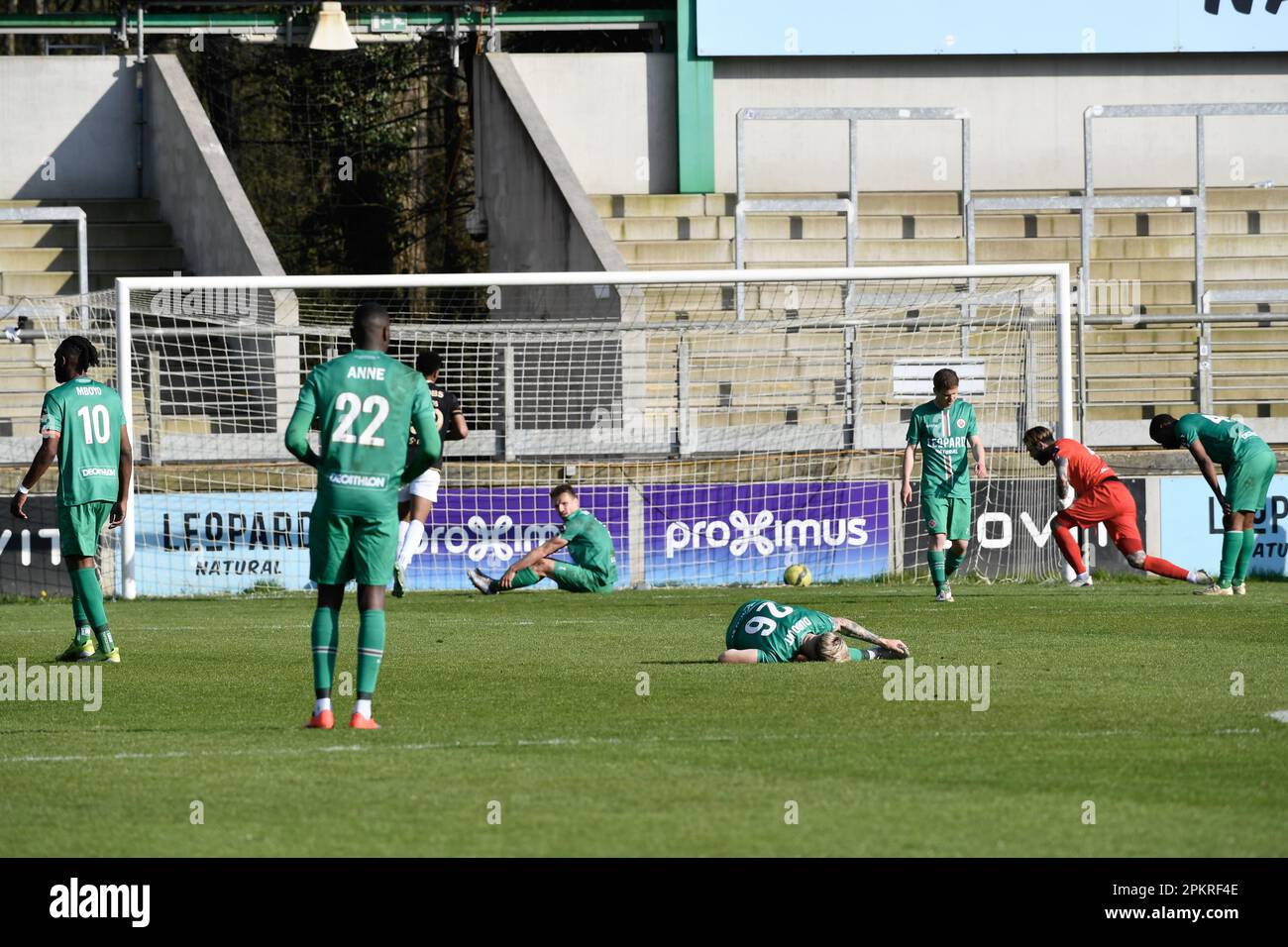 Virton, Belgium. 09th Apr, 2023. Virton's players react during a soccer ...