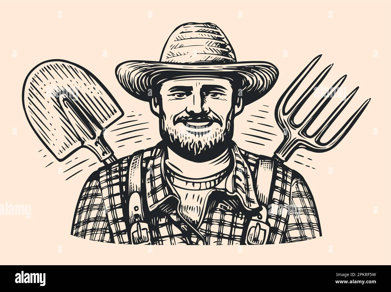 Happy farmer in hat with pitchfork and shovel in sketch style. Farm ...