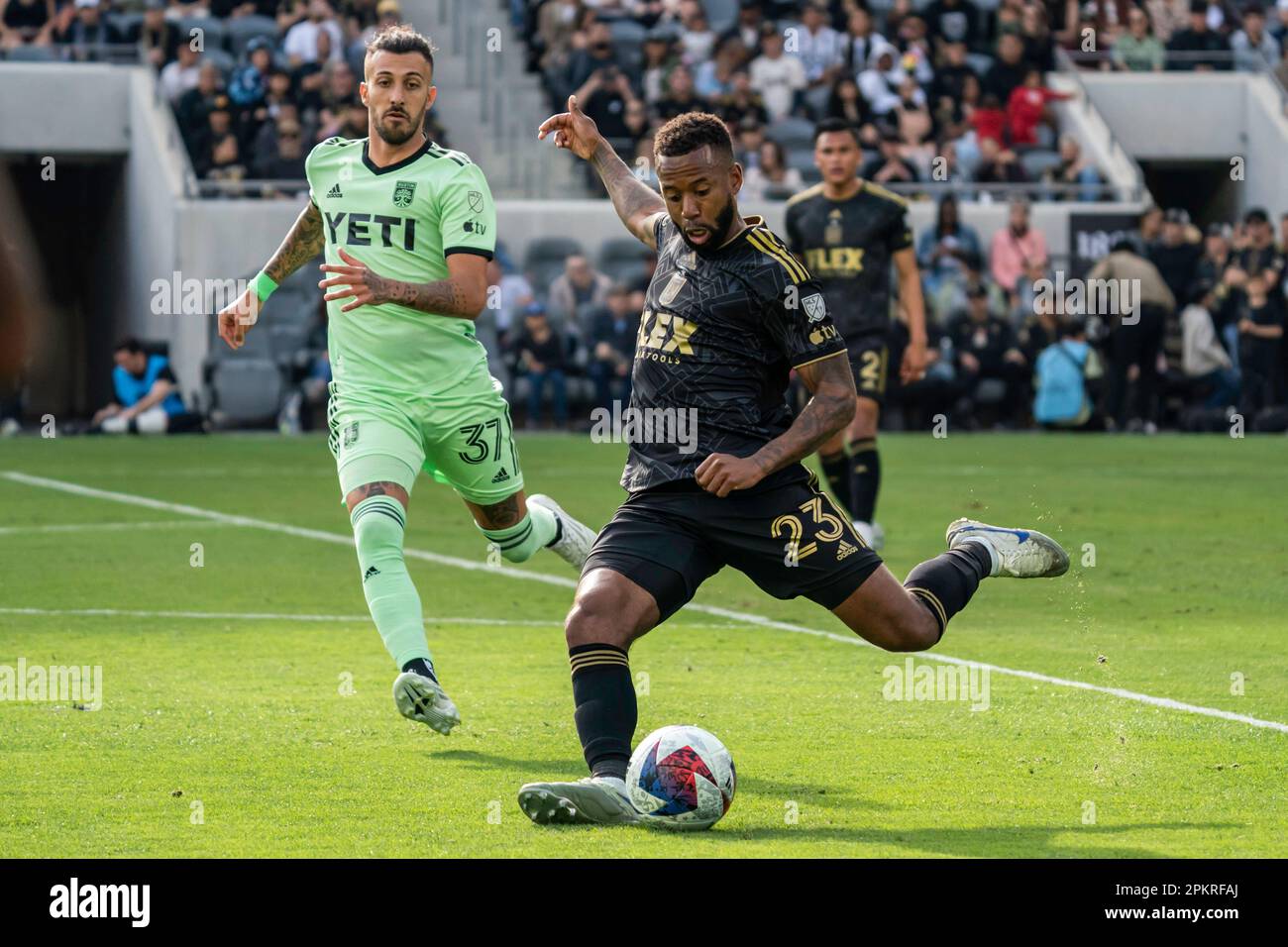 LAFC midfielder Kellyn Acosta (23) sends a pass during a MLS match ...