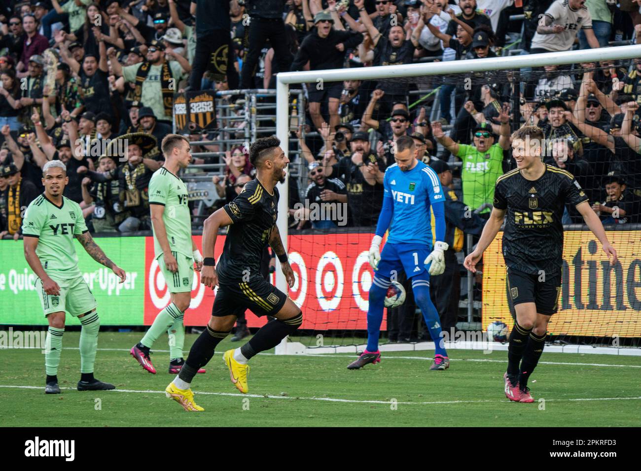 LAFC forward Denis Bouanga (99) and forward Stipe Biuk (7) celebrate ...