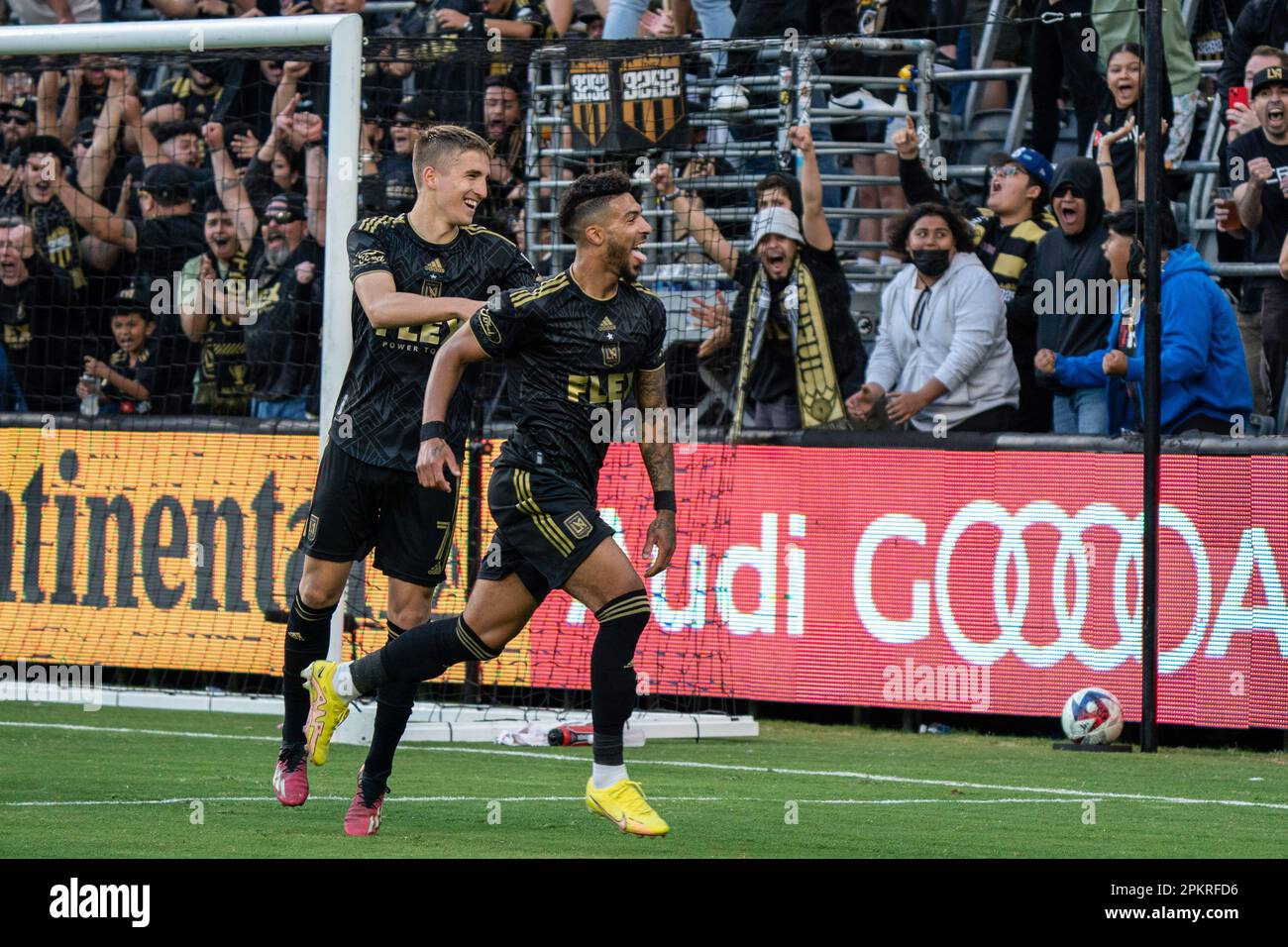 LAFC forward Denis Bouanga (99) and forward Stipe Biuk (7) celebrate ...