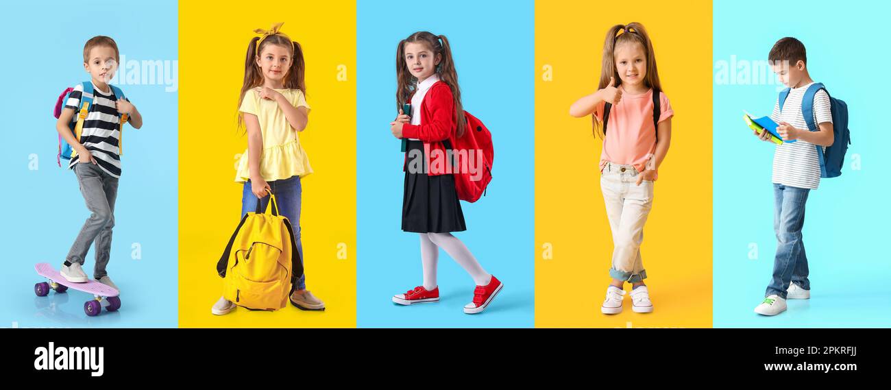 Set of little school children on blue and yellow backgrounds. End of ...