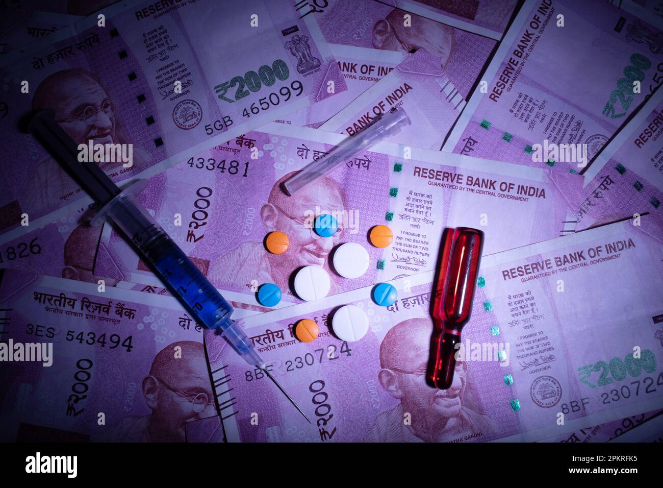 Top view of injection and medicine on indian rupee, medicine expenses ...