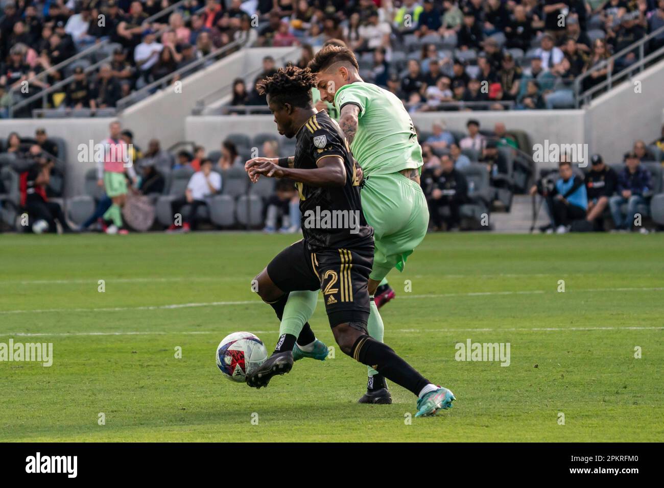 LAFC forward Kwadwo Opoku (22) fouls Austin FC midfielder Emiliano ...