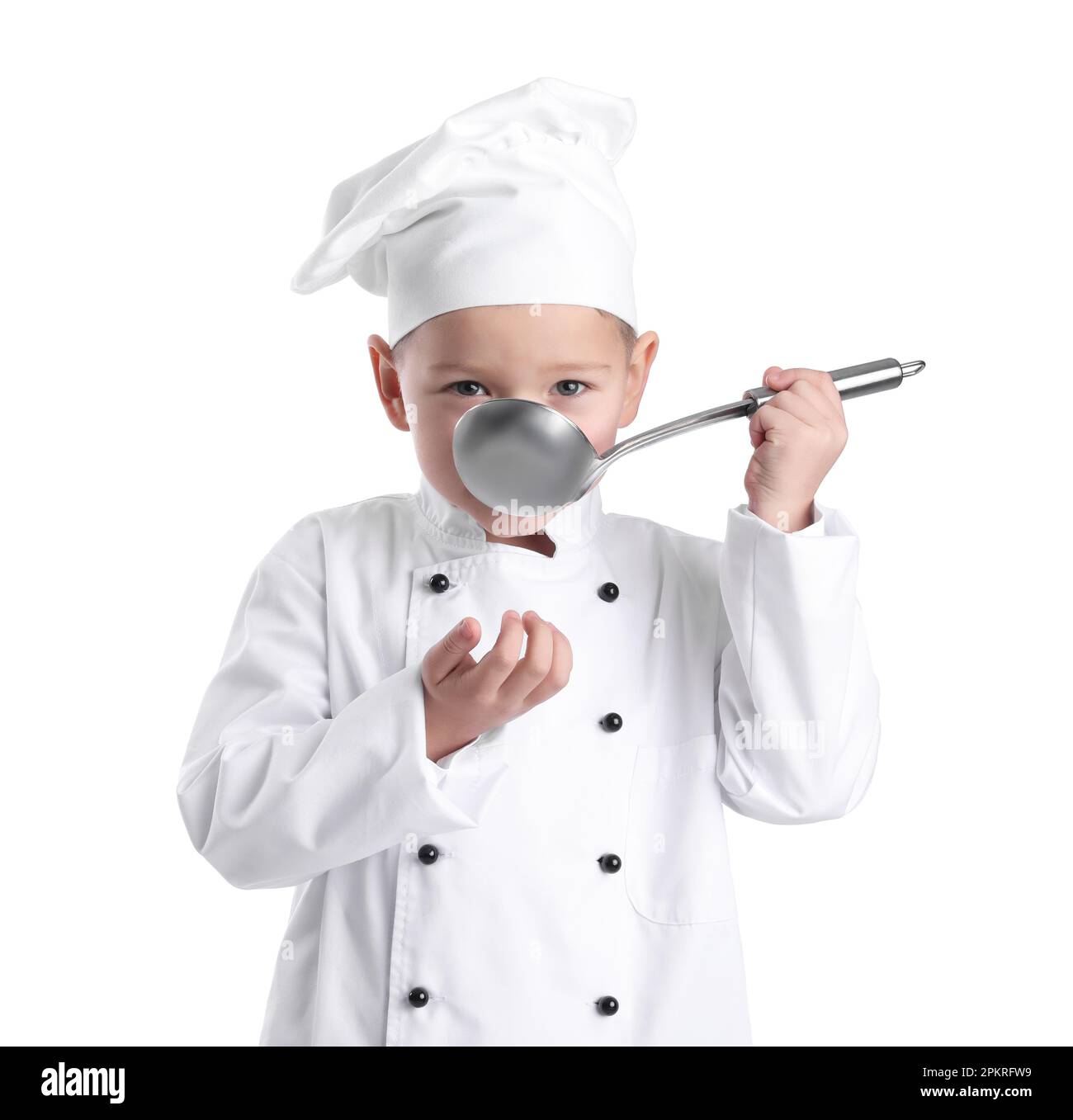 Cute little chef with ladle on white background Stock Photo - Alamy