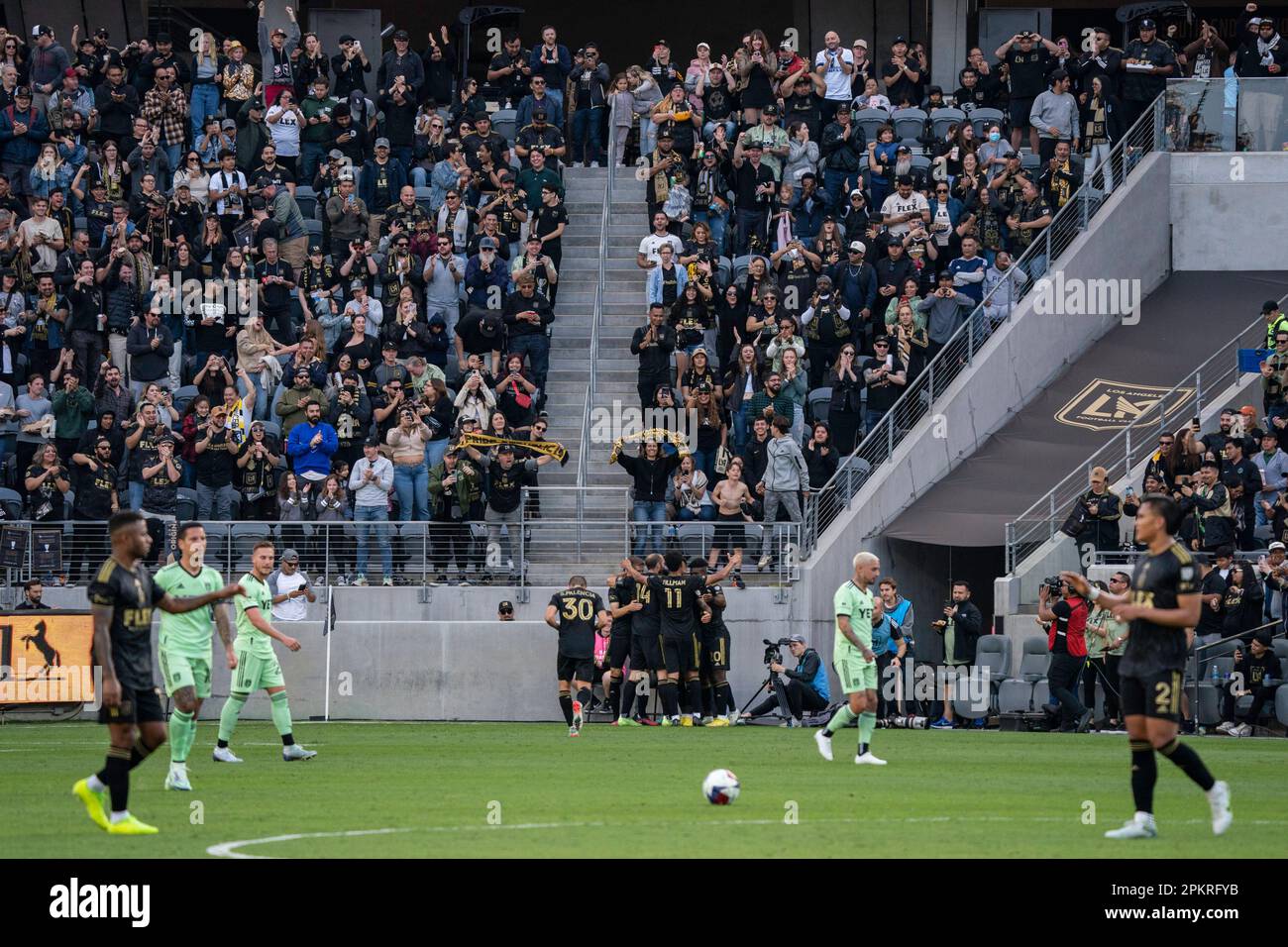 LAFC midfielder Timothy Tillman (11) and teammates celebrate a goal ...