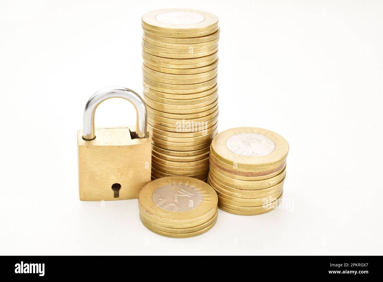 Coin pile with lock on white background, money and payment security ...