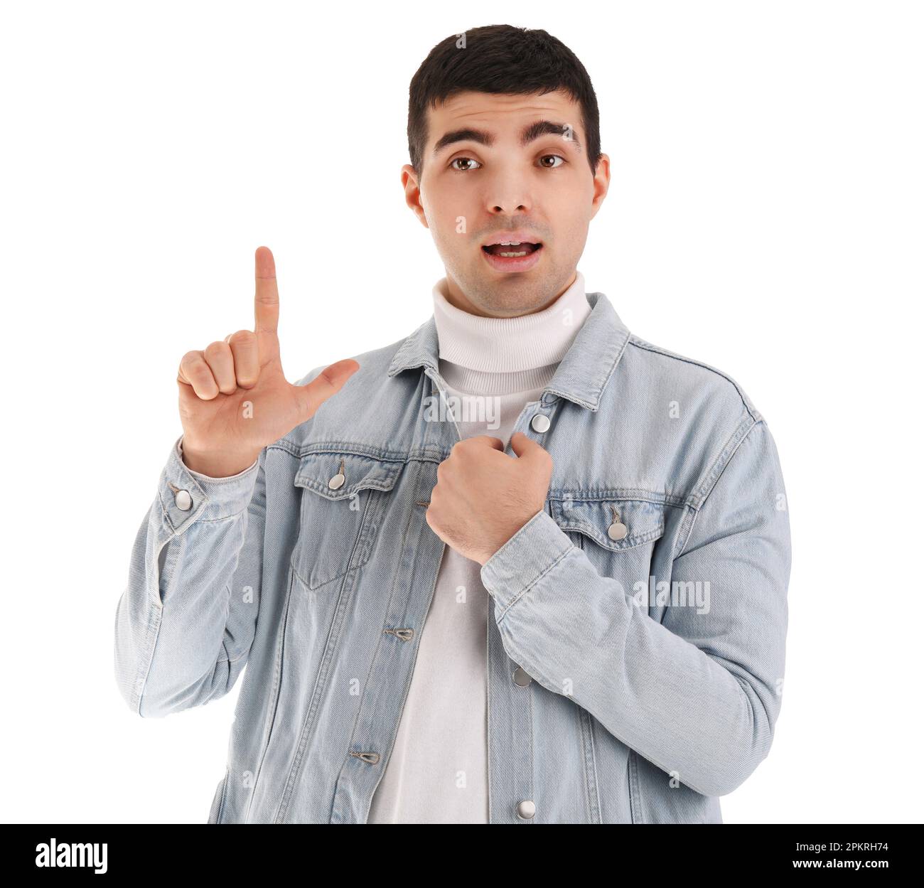 Young man showing loser gesture on white background Stock Photo - Alamy