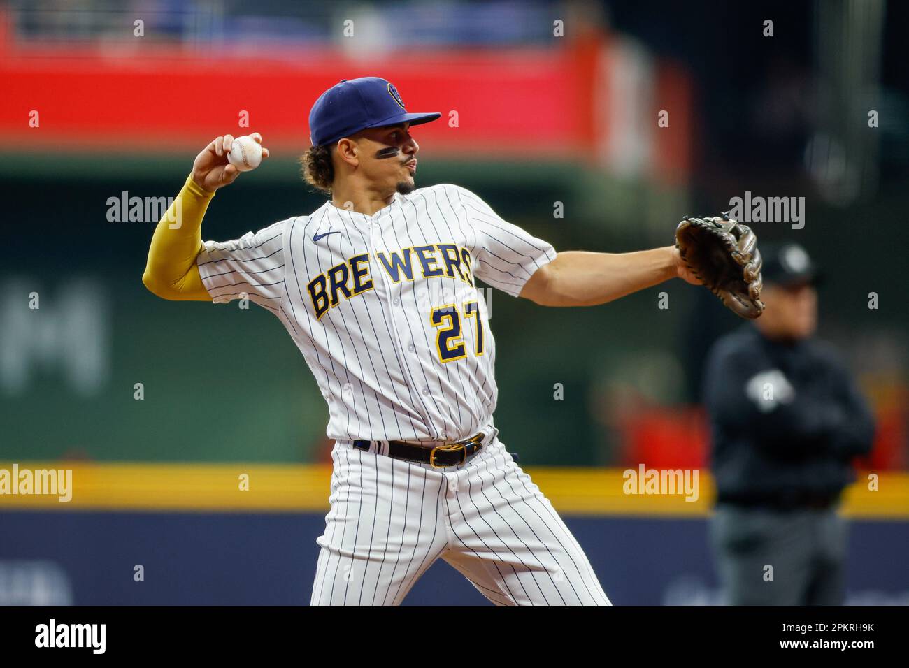 April 8, 2023: Milwaukee Brewers shortstop Willy Adames (27) warming up ...