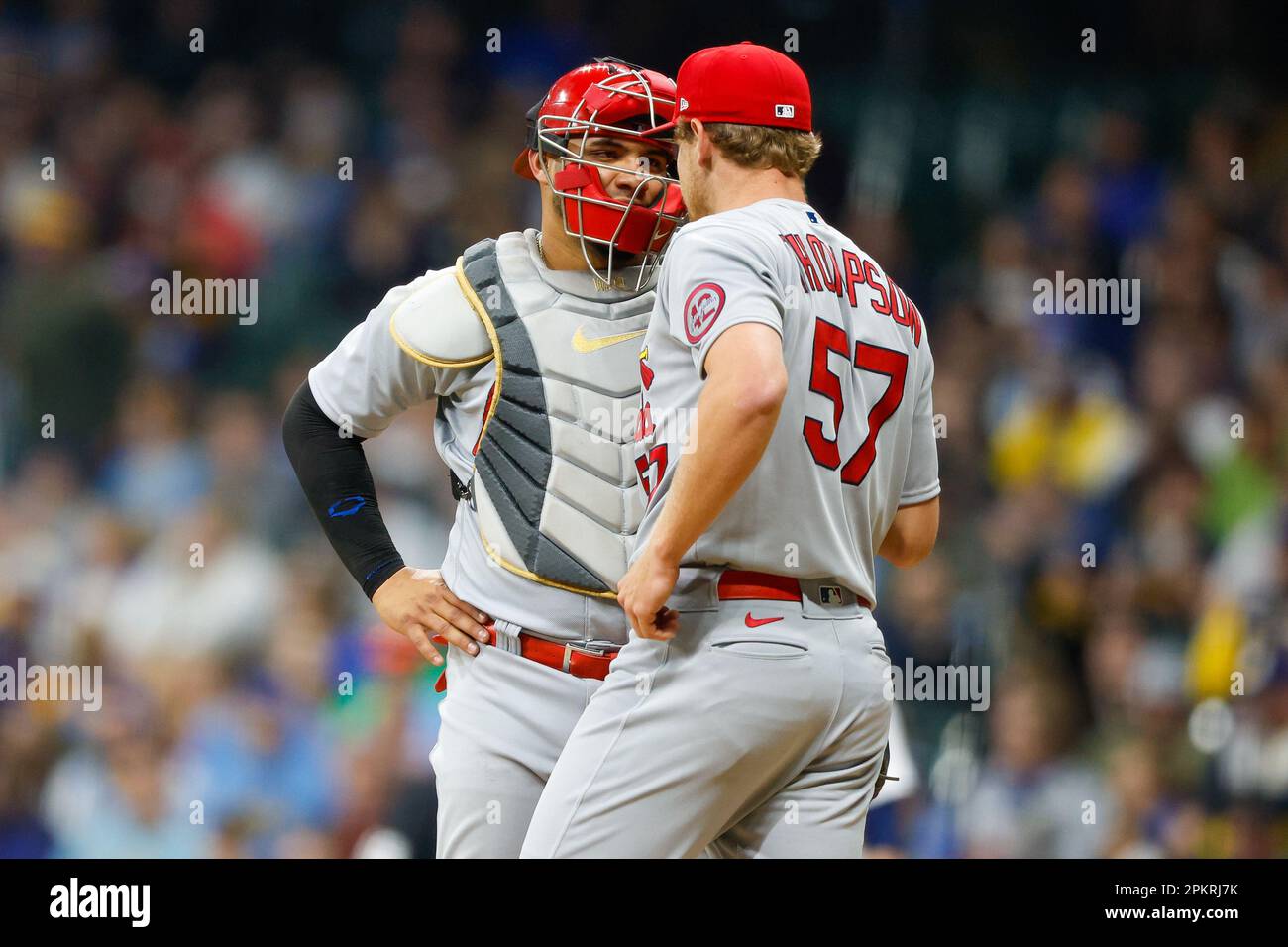 April 8, 2023: St. Louis Cardinals catcher Willson Contreras (40) visits relief pitcher Zack ...