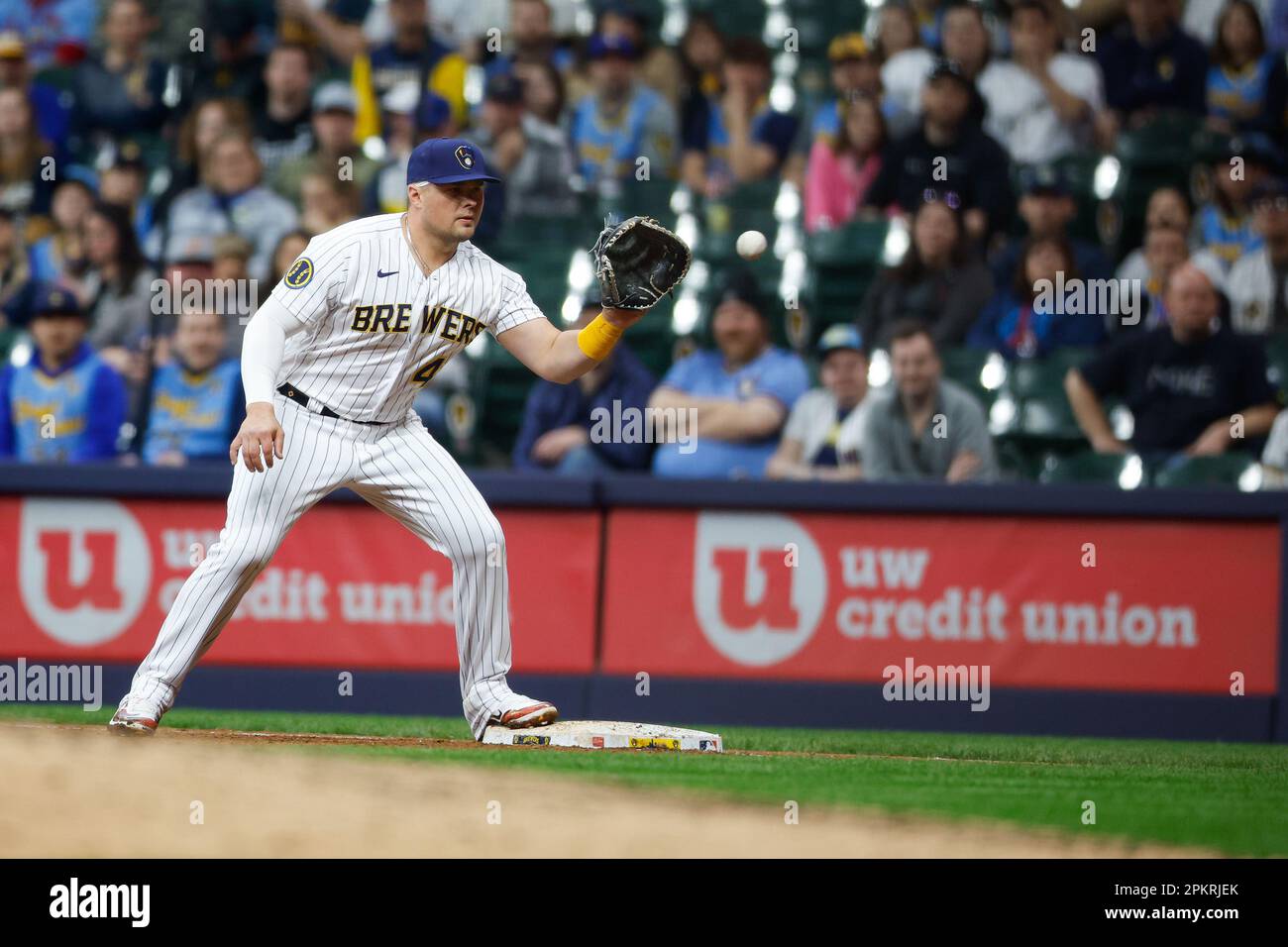 April 8, 2023: Milwaukee Brewers first baseman Luke Voit (45) catches ...