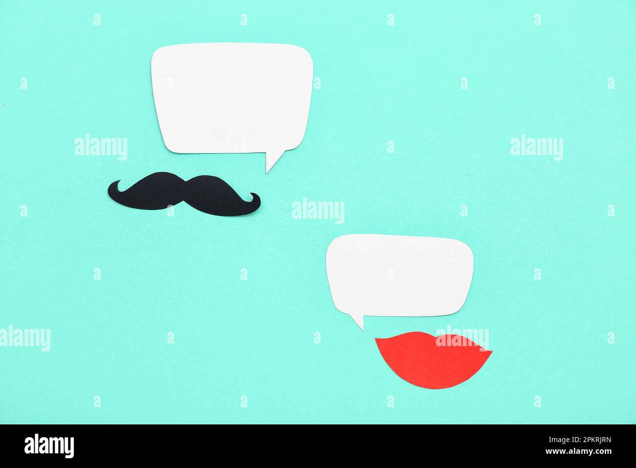 Paper mustache and lips with speech bubbles on mint background ...