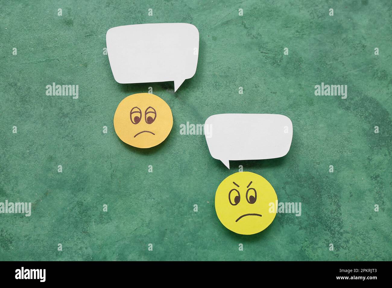 Sad faces with speech bubbles on grunge background. Dialogue concept ...