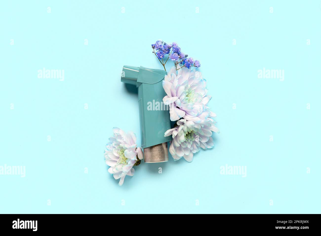 Asthma inhaler with flowers on blue background Stock Photo - Alamy