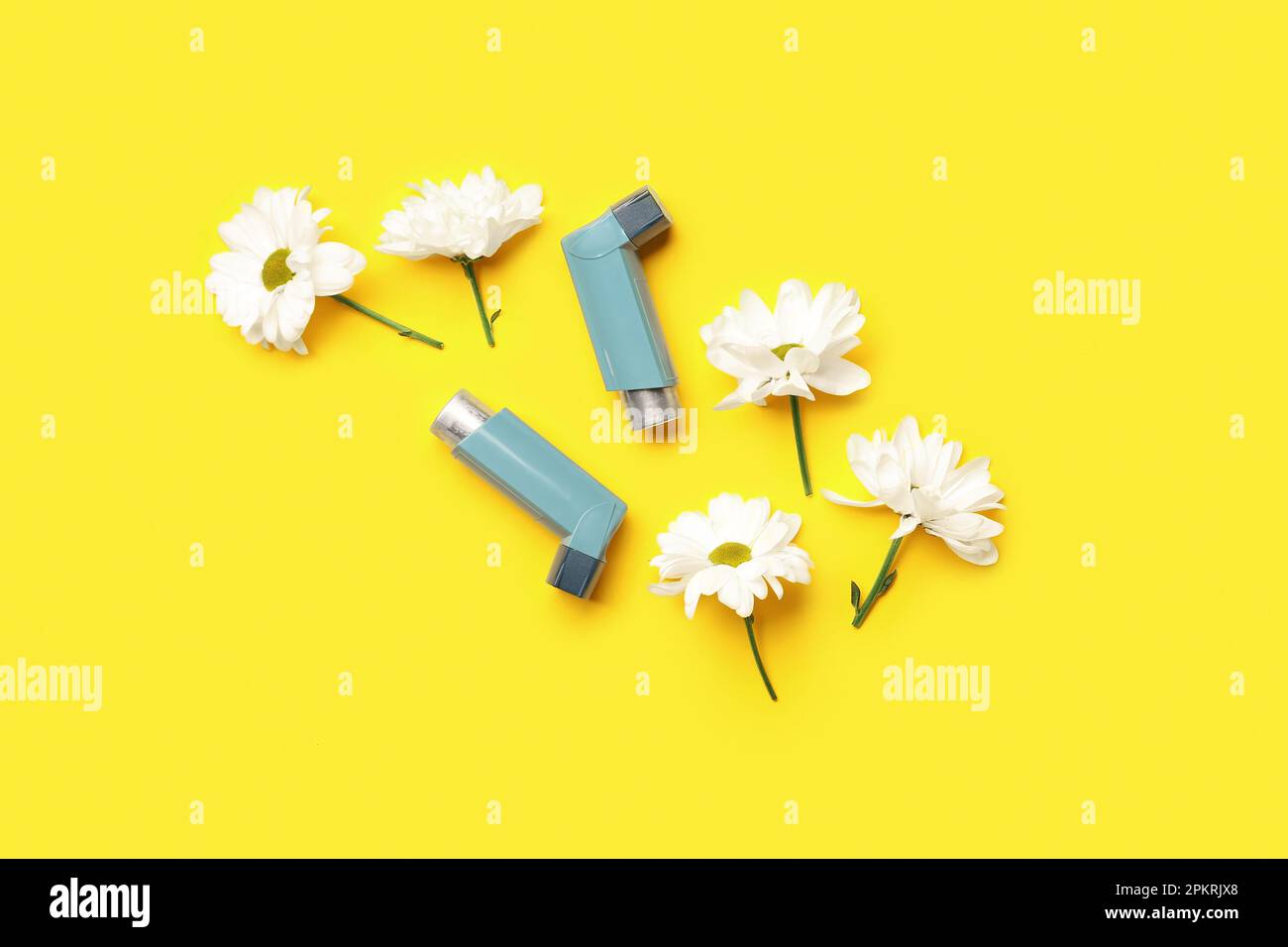 Asthma inhalers with daisy flowers on yellow background Stock Photo - Alamy