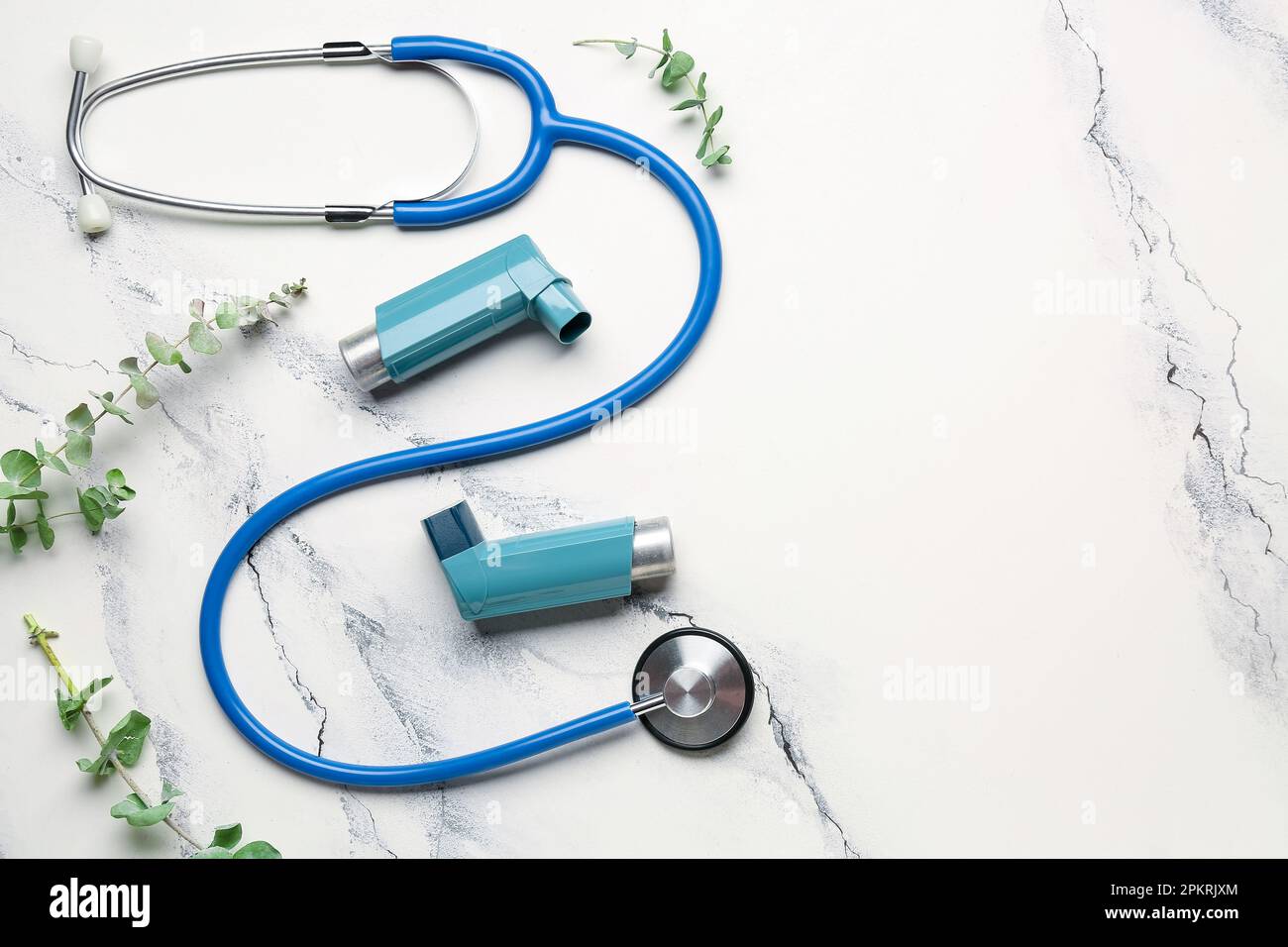 Asthma inhalers with stethoscope and eucalyptus branches on grunge ...