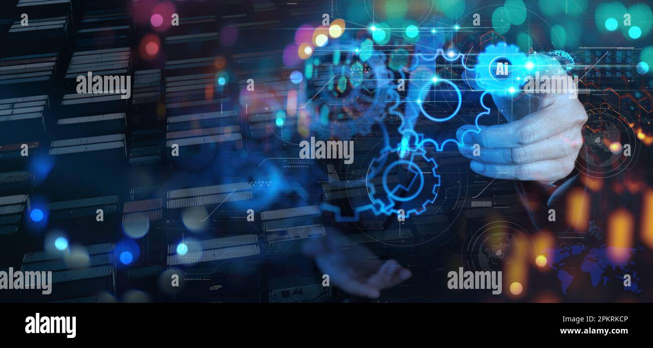 businessman hand touch blue 3d Ai innovation connect gear to Smart ...