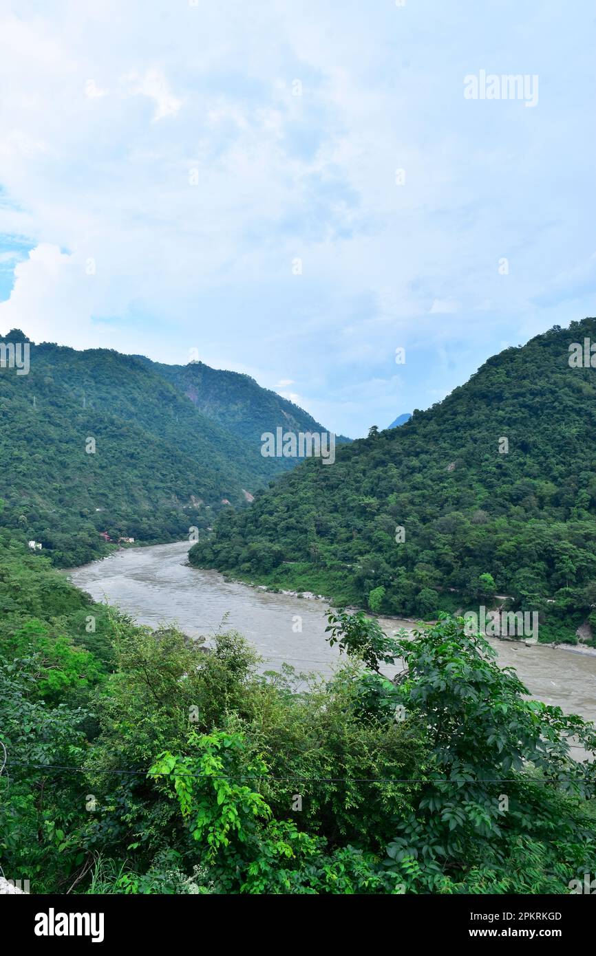 Top view of ganga river with mountain, bad weather in uttrakhand Stock ...