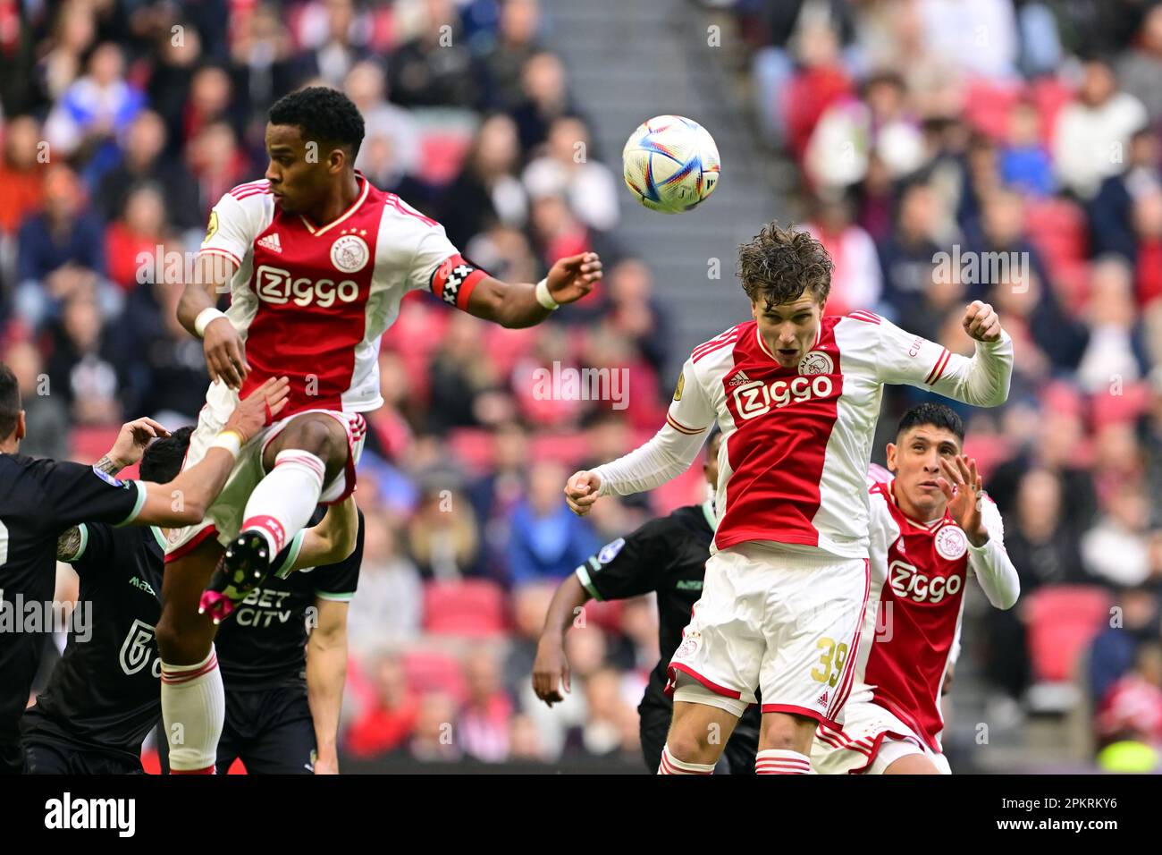 AMSTERDAM - (lr) Jurrien Timber of Ajax, Mika Godts of Ajax, Edson ...